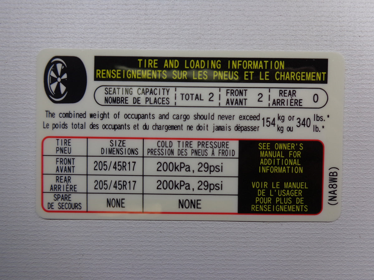 Tire Information Label Factory New 2016-2023 ND Mazda Miata – Mikes ...
